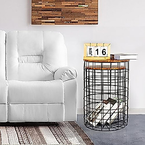 Jolydale Nesting End Table with Storage, Side Tables Wire Basket Table with Lid, Round End Table with Removeable Top and Steel Frame for Living Room, Bedroom, Office, (Brown)