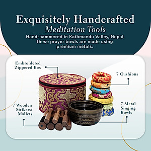 Sanskar Nepal - Tibetan Singing Bowl Set of 7, Handcrafted Singing Bowl for Meditation & Holistic Healing, Yoga Accessories, 3-5” Brass Singing Bowls with Wooden Striker, Cushion & Yellow Carry Box