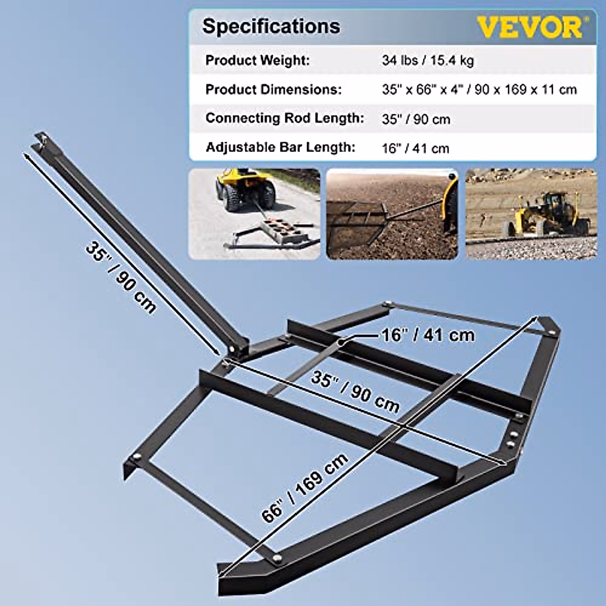 VEVOR Driveway Drag 66" Width, Tow Behind Drag Harrow 35" Length, 4" Height, Driveway Tractor Harrow with 2 Adjustable Bars, Heavy Duty Steel, Driveway Grader for ATV, UTV, Garden Lawn Tractors