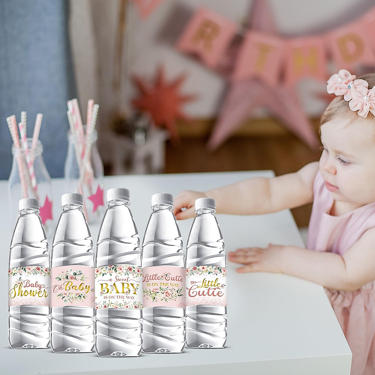 Colarr 72 Pcs Pink Baby Shower Water Bottle Labels Baby Shower Water Bottle Wrappers for Girls Water Bottle Labels Pink Gold Flower Baby Shower Party Decoration Floral Baby Shower Party Supplies