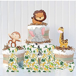 UEMIS 60Pack Jungle Animal Cellophane Treat Bags, Green Gold Safari Animal Palm Leaves Plastic Candy Goodie Bags with Gold Twist Ties for Wedding Wild One Safari Baby Shower Birthday Party Favors (Jungle Animals)