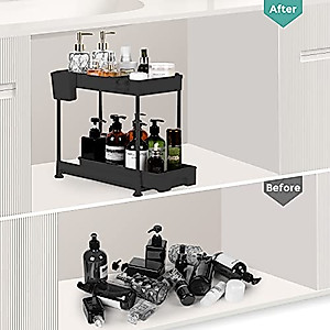 Under Sink Organizer, 2-Tier Sliding Under Sink Organizers and Storage Under Sink Storage for kitchen Under Cabinet Organizer with Hooks, Hanging Cup, Dividers