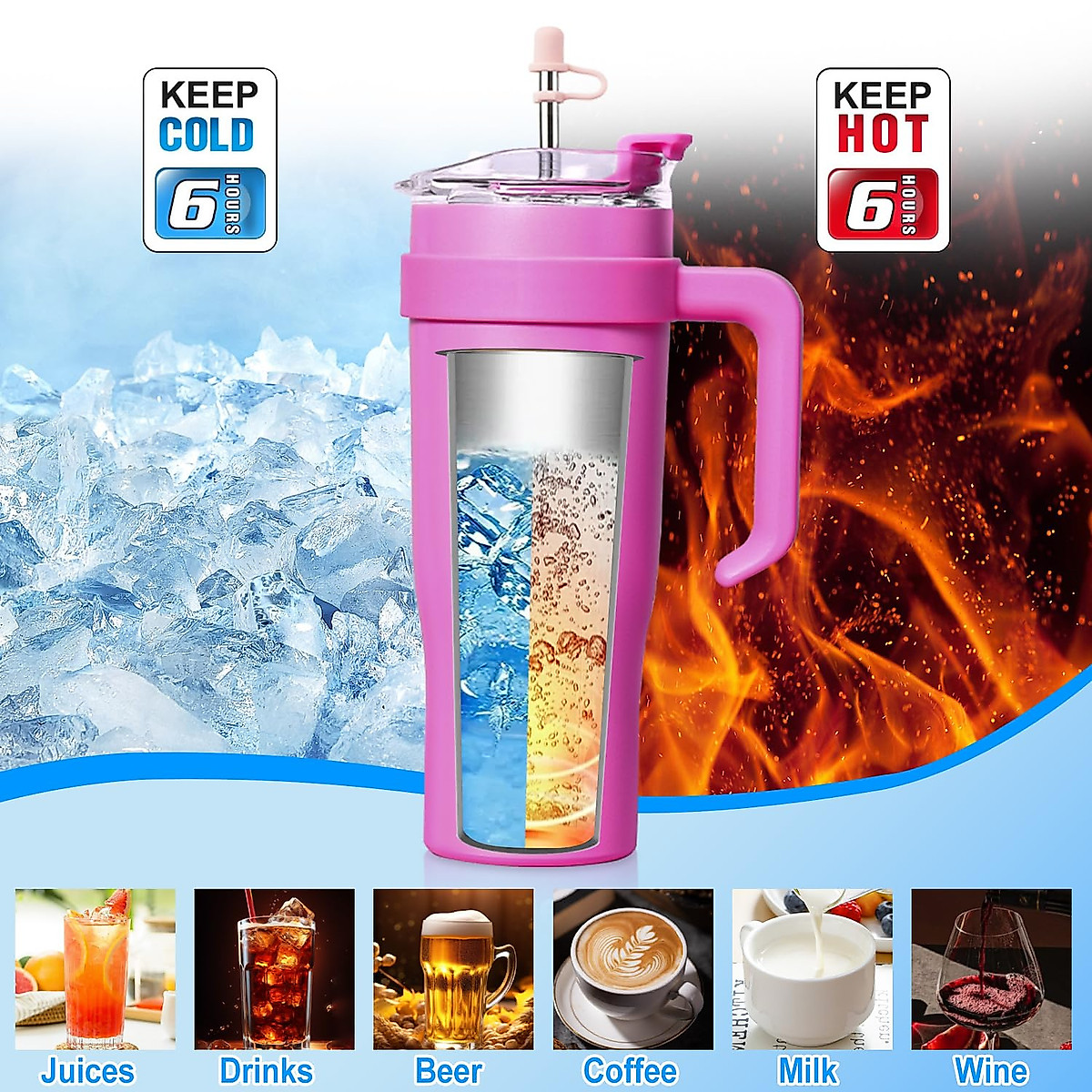 PLNEG Tumbler with Handle 40oz Insulated Water Bottle with Straw Lid Stainless Steel Travel Coffee Mug for Men Women gifts.（Rose Red,Set）