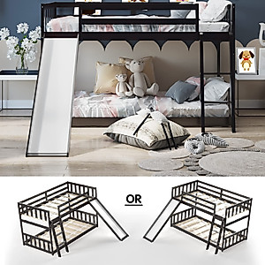 KOTEK Twin Over Twin Bunk Bed with Slide, Solid Wood Floor Bunk Bed Frame with Guardrails & Ladder, No Box Spring Needed, Kids Bedroom Furniture for Boys & Girls, Teens (Espresso)