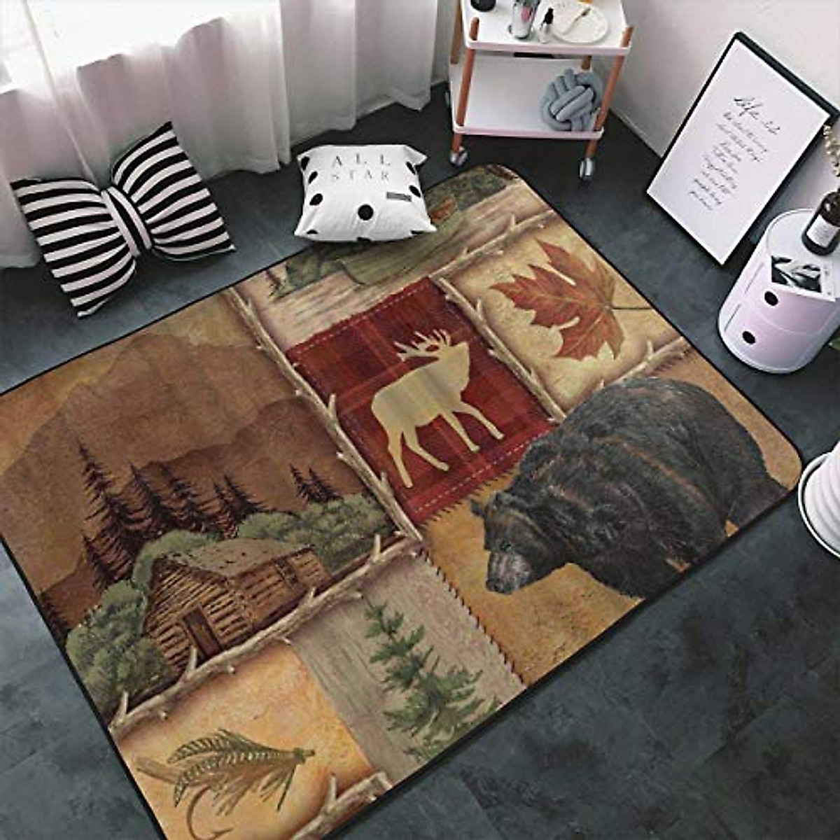 Rustic Lodge Bear Moose Modern Casual Area Rugs for Living Room Bedroom Carpet Thick Soft Large Flannel Mats Easy to Clean Stain 60 X 39 Inch