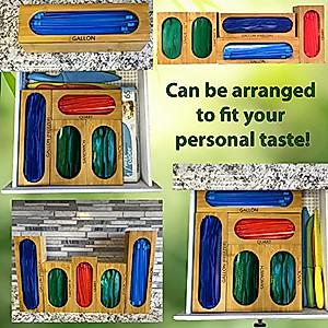 5 Piece Set -Bamboo Ziplock Bag Organizer for Drawer- Bamboo Ziplock Bag Storage Organizer for Kitchen Drawer, Bamboo Food Storage Bag organizer For Gallon, Snack, Quart, Sandwich, Gallon(Freezer)