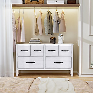 LYNCOHOME Dresser TV Stand, White Dresser for Bedroom with 6 Drawers,Wide Dresser with Sturdy Frame & Wood Top for Storage in Bedroom,Entryway,Hallway