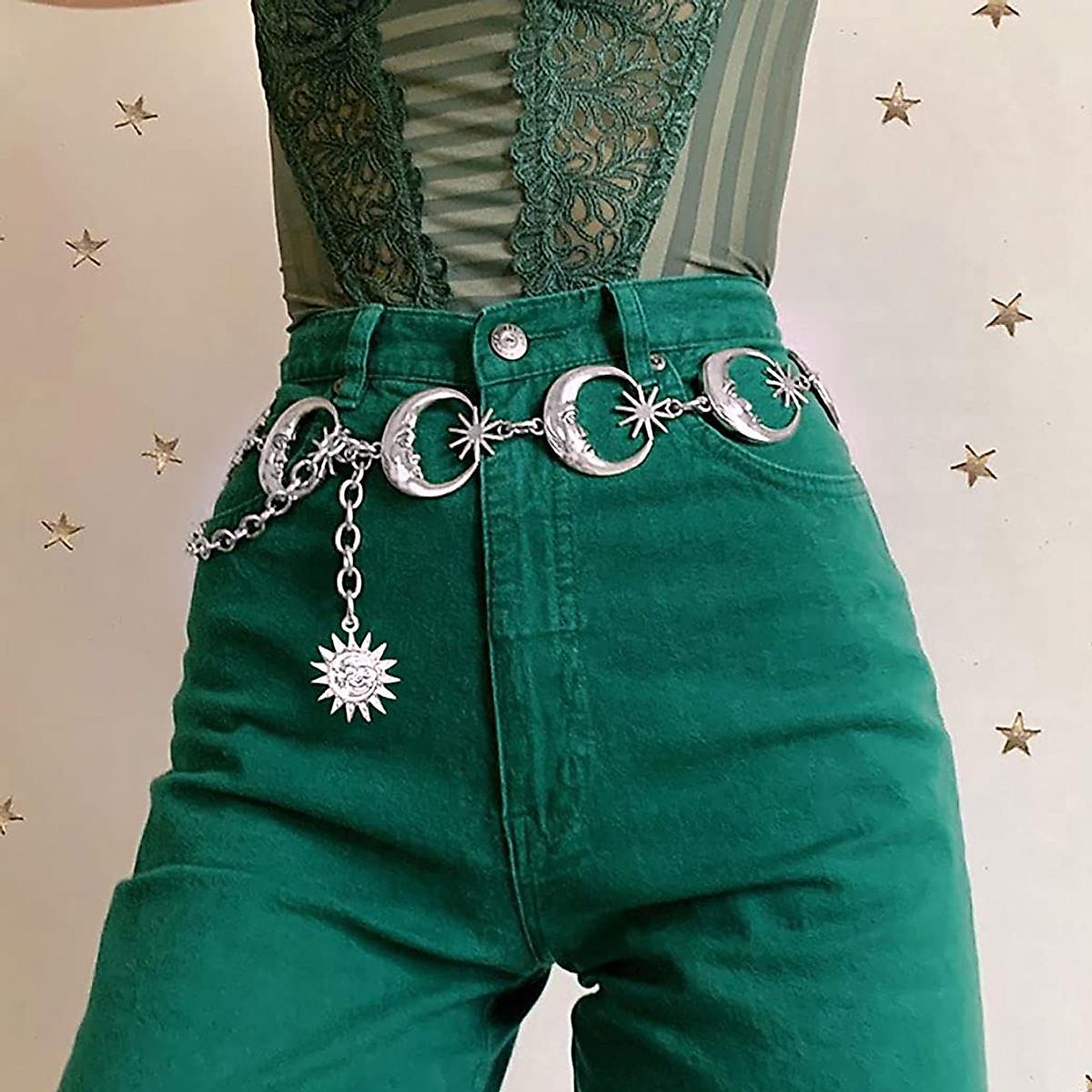 Navoky Moon Star Metal Waist Chain Sun Pendant Belly Belt Body Chains Jewelry Accessories for Women(Silver-Moon)