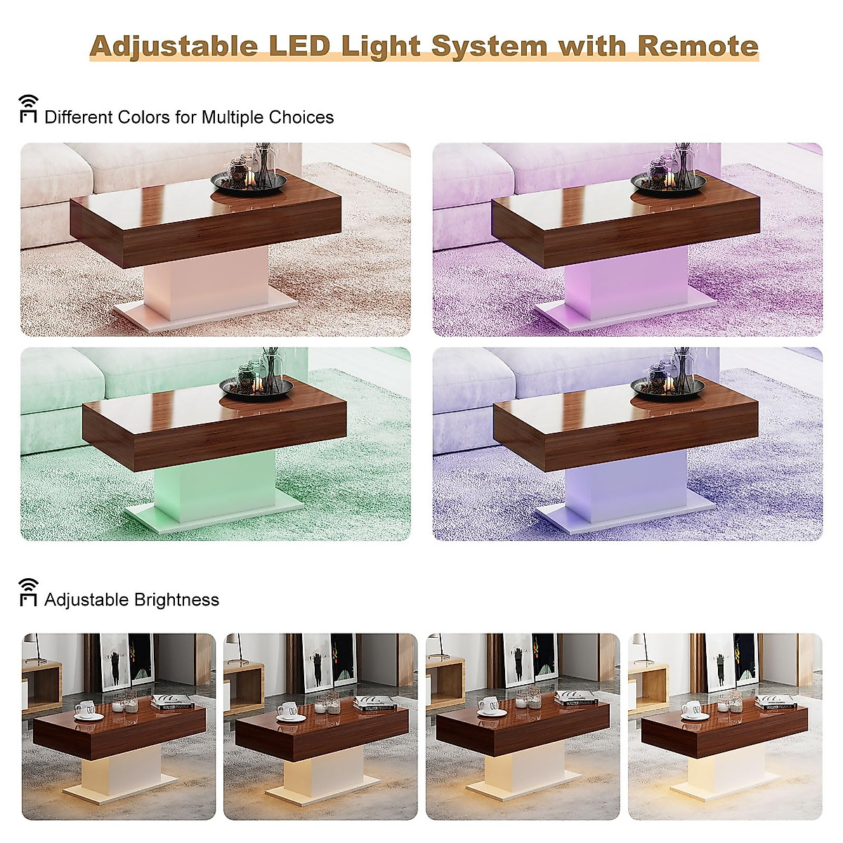 LED Coffee Table for Living Room, Modern High Glossy Coffee Table with 16 Colors LED Lights, Smart Cocktail Table Rectangle, Wooden Living Room Table (Natural)