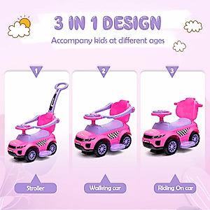 OLAKIDS 4 in 1 Ride on Push Car, Toddlers Stroller Sliding Walking with Horn, Music, Lights, Removable Guardrails and Handle, Underneath Storage, Baby Foot-to-Floor Walker Boys Girls (Pink)