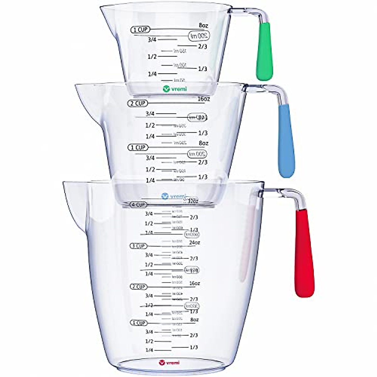 Vremi 3 Piece Plastic Measuring Cups Set - BPA Free Liquid Nesting Stackable Measuring Cups with Spout and Decorative Red Blue and Green Handles - includes 1, 2 and 4 Cup with Ml and Oz Measurement