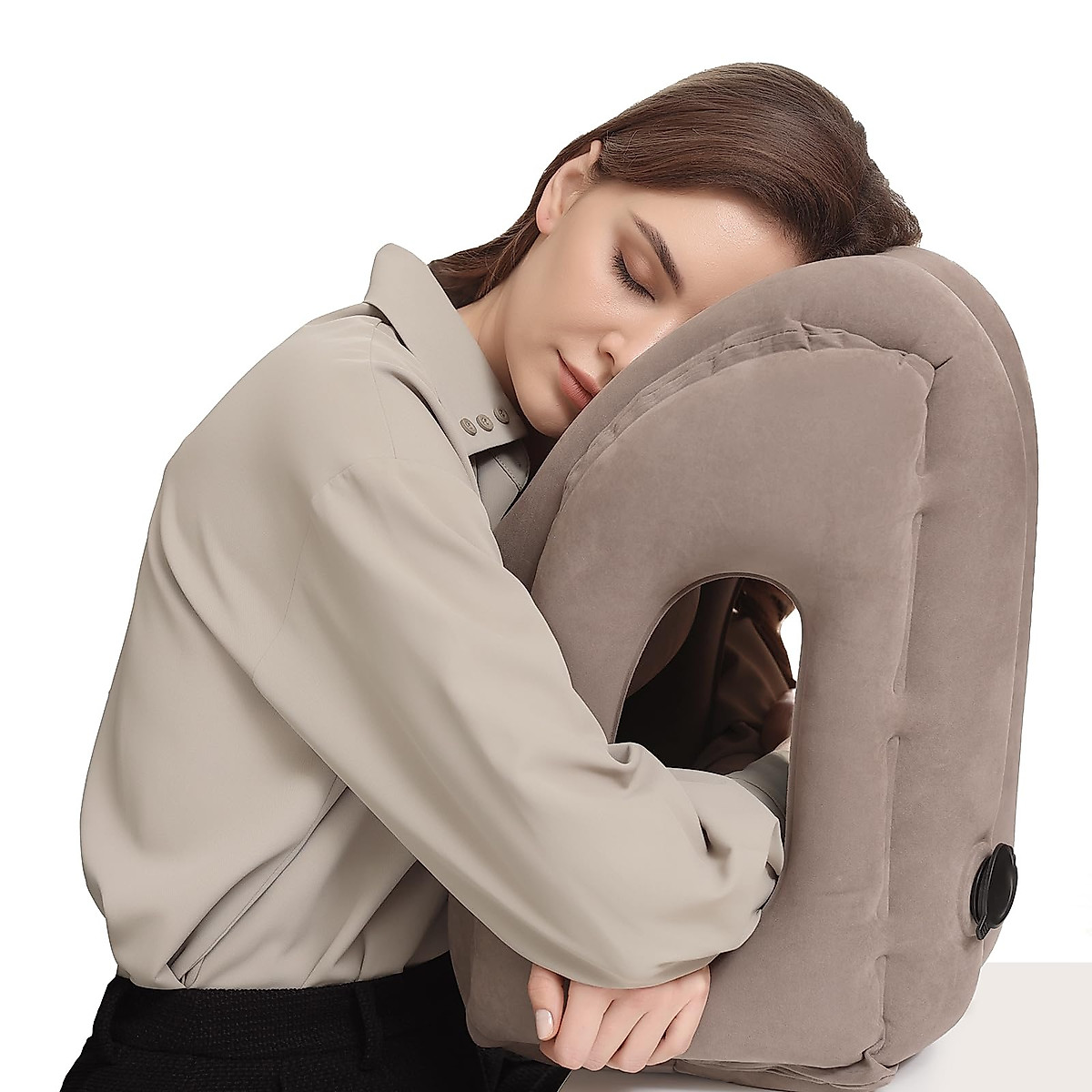 KINSCO Inflatable Travel Pillow，Airplane Neck Pillow for Airplane, Train, car Backseat, Office Lunch Break, Provides You a Comfortable Sleeping Environment. Portable Drawstring Bag (Gray)