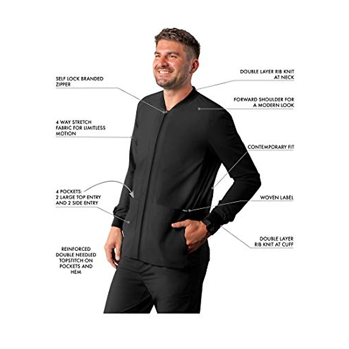 Adar Addition Scrubs for Men - Zippered Bomber Scrub Jacket - A6206 - Black - L