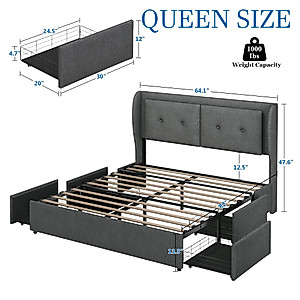 HUAHUU Queen Bed Frame with Storage Drawers, Upholstered LED Bed Frame Queen Size with Wingback Headboard, Platform Bed Frame with Storage, No Box Spring Needed, No-Noise, Easy Assembly