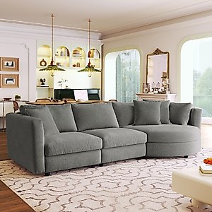 Merax 3 Seater Upholstered Couch Living Room Sofa with Three Pillows and Curved Seat for Apartment, Grey Sectional