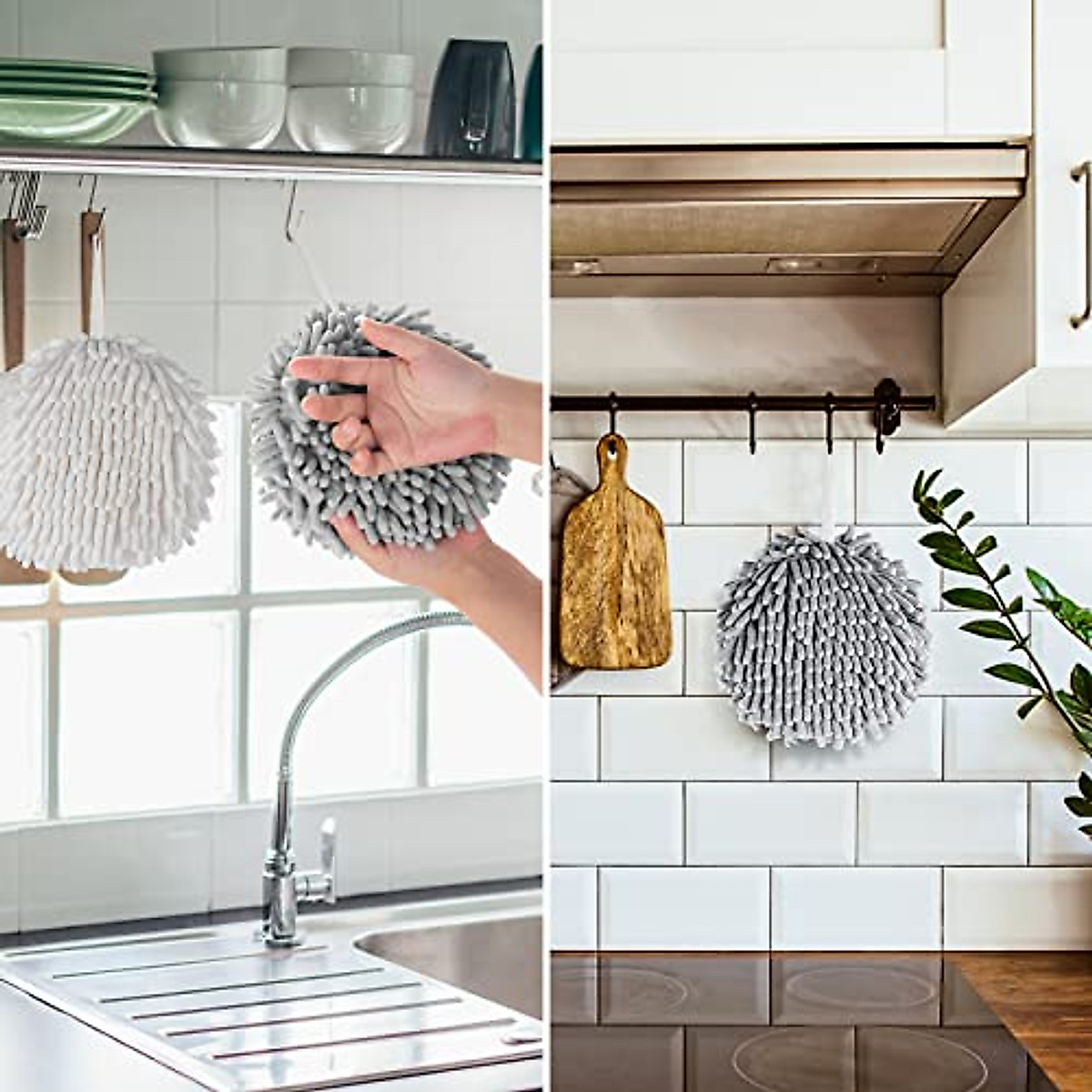 LIUVTILB Fuzzy Ball Towels,2 Pack Hanging Bathroom Hand Towels Super Fluffy Chenille Ball Towels, High Absorbent Hand Towels to Dry Your Hand Instantly (Gray + White)