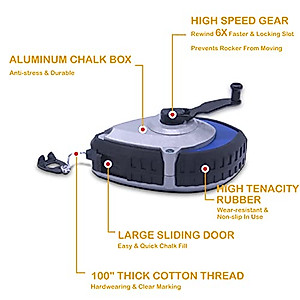 ARTCOLO Chalk Reel kit - Six Gear Quick Retrieval Chalk Lines,100ft Line Included in Chalk Box,4oz Red Chalk Powder,Wire Box is Made of Aluminum