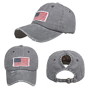 INOGIH Women American Flag Ponytail Hat Embroidery Washed-Cotton Messy Bun Baseball-Cap Adjustable Grey