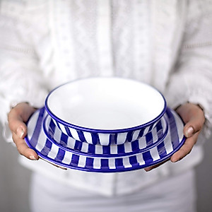 City to Cottage Handmade Dark Navy Blue Stripe Glazed 7.3inch/18.5cm, 14oz/400ml Salad, Pasta, Fruit, Cereal, Soup Bowl | Unique Ceramic Dinnerware, Housewarming Gift