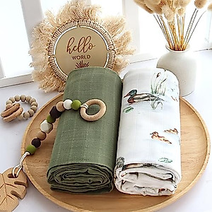 LifeTree Muslin Swaddle Blankets Unisex, Baby Swaddling Wrap Nursery Neutral Receiving Blanket for Boys & Girls, 70% Viscose from Bamboo & 30% Cotton, Large 47 x 47 inches Mallard Duck/Olive Green