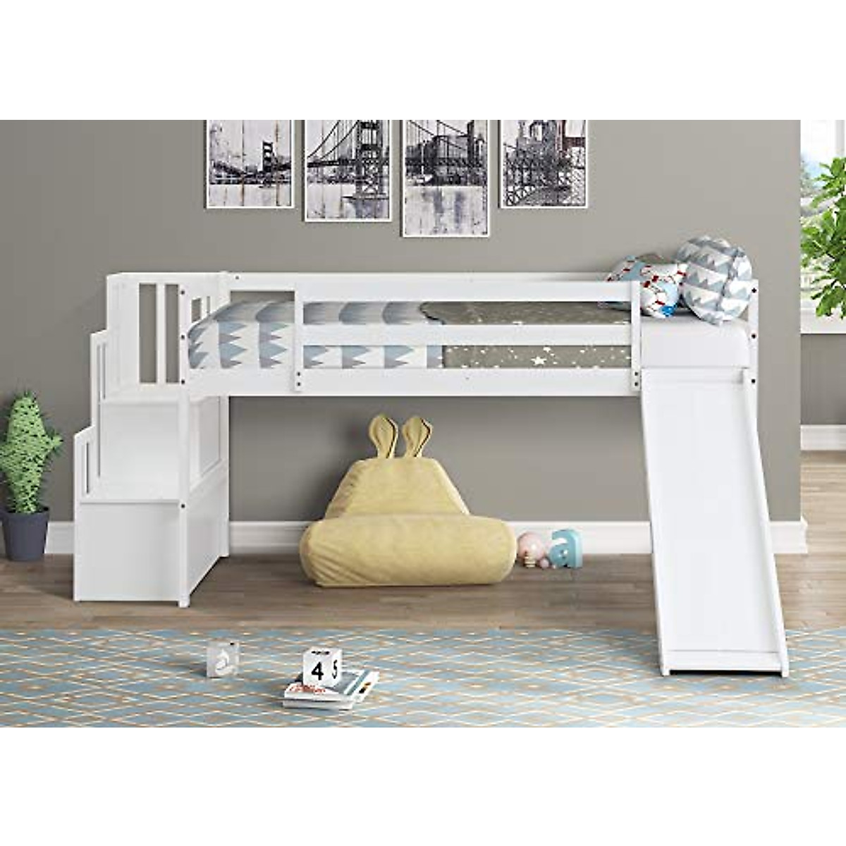 DEYOBED Low Loft Bed with Stairs and Slide - Wood Twin Bed Frame for Kids - Ideal for Boys and Girls - White