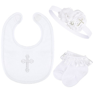 Geyoga 3 Pcs Baptism Bib for Baby Girl Baptism Candle Set Socks Pearl Headband Embroidered White Christening Outfit Bib