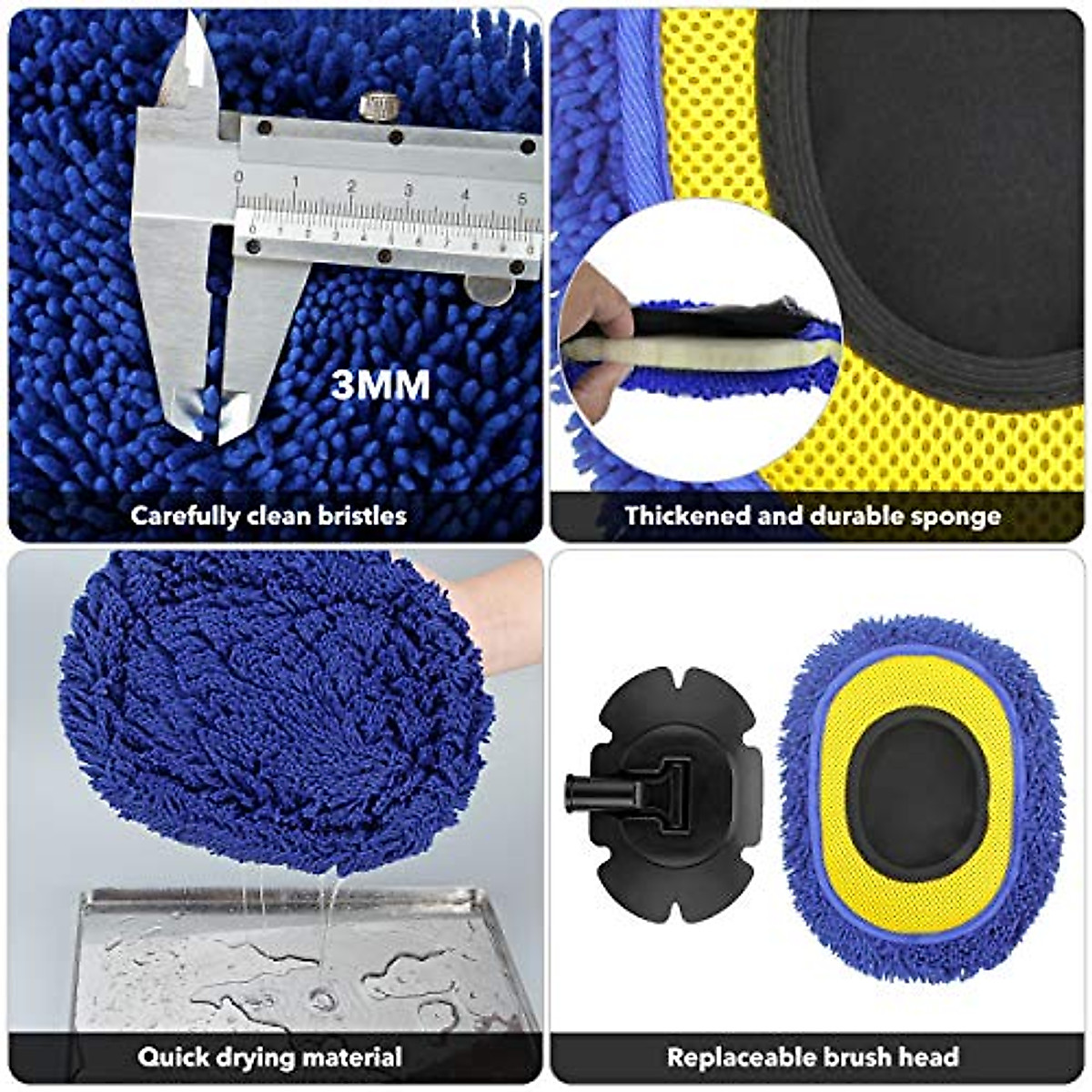 66'' Car Wash Brush with Long Handle, Chenille Microfiber Soft Car Wash Mop Cleaning Tool Kit with 15° Labor-saving Elbow Extension Stainless Steel Pole & Replacement Head for Clean RV SUV Truck House