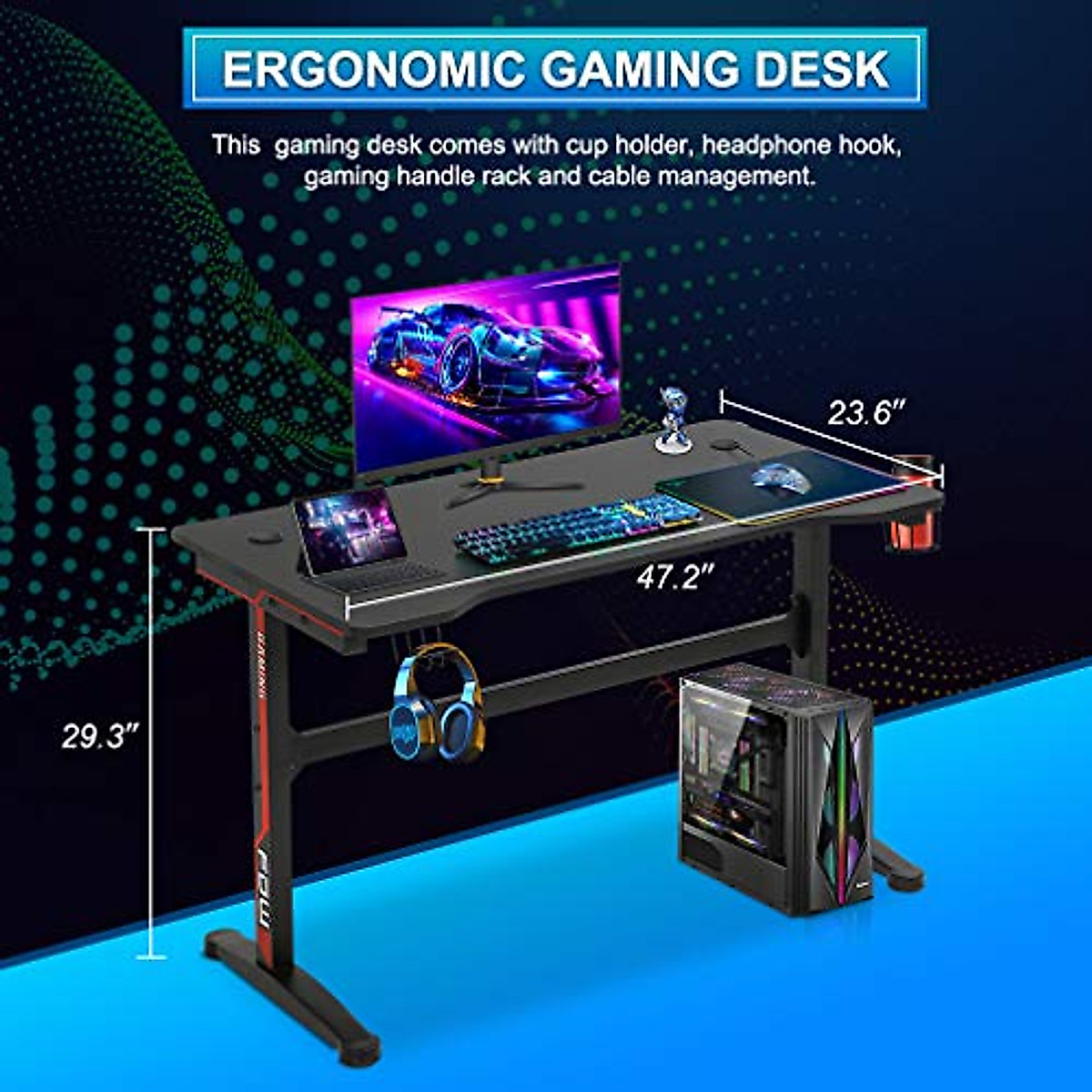 FDW 47/55 Inch Computer Desk Gaming Desk Writing Desk Office Desk Student PC Desk Extra Large Modern Ergonomic Racing Style Table Workstation for Adult Teens,Black (47 inch)