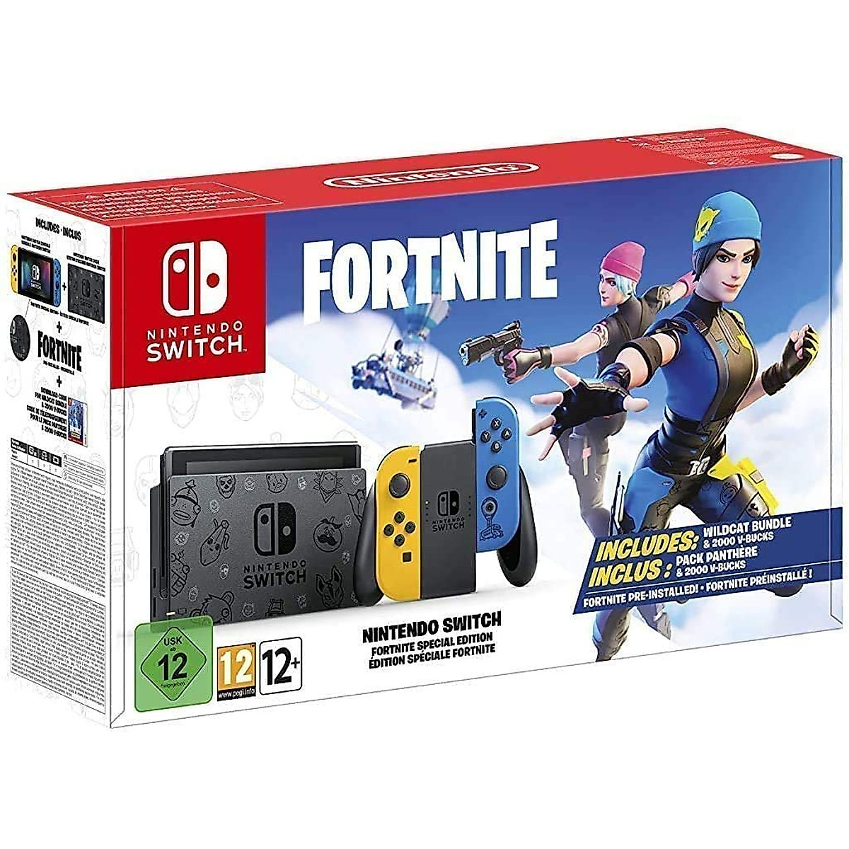 Nintendo Switch Wildcat Bundle - Holiday Family Set Fort nite Special Edition 32GB Console - Yellow and Blue Joy-Con - 6.2" Touchscreen LCD, 2000 V Bucks, TWE 128GB Micro SD Card (Renewed)