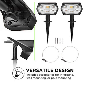 Home Zone Security Solar Spotlights - Outdoor 500 Lumen High Brightness 3500K Warm Spot Light with 3 in 1, In-ground, Wall Mount, or Flag Pole Setup Design, Black (2-Pack)