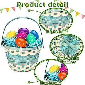 4 Set Large Easter Basket Bulk with 24 Pcs Easter Eggs, Handle Round Bamboo Woven Basket with Plastic Easter Eggs and 4 Pcs Colored Raffia Grass for Kids Baby Easter Bunny Party Supplies