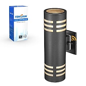TENGXIN Outdoor Wall Light,Dusk to Dawn Modern Outdoor Wall Sconce with Stainless Steel Cylinder, Black Finish Wall Mount Light,E26 Socket,IP65 Waterproof,UL Listed.