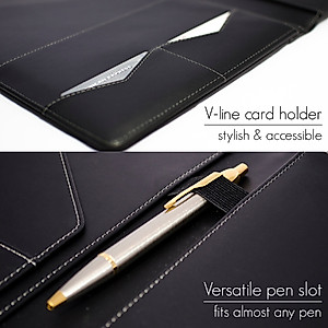 STYLIO Padfolio Portfolio Folder Binder – Interview Resume Legal Document Organizer & Business Card Holder – w/ Letter-Sized Writing Pad - Handsome Piano Noir Faux Leather Matte Finish & Accent Stitch