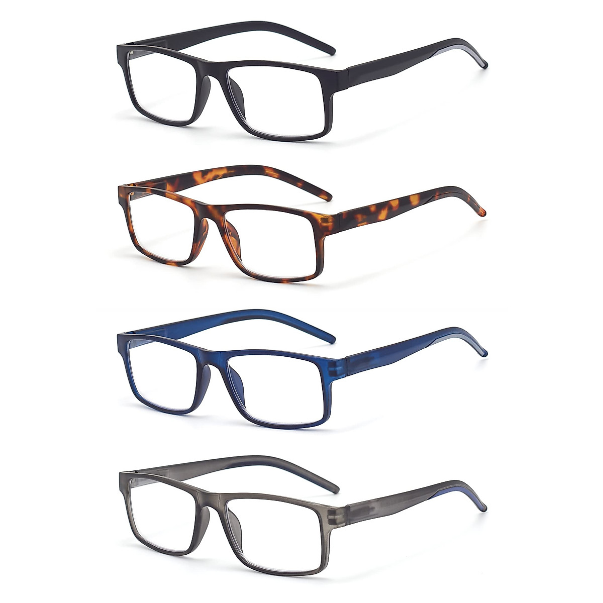 Colloddiss 4-Pack Reading Glasses for Men Women, Spring Hinge Readers Glasses, Blue Light Blocking Eyeglasses SR20523, Black Blue Gray BrownTortoise 2.0 x