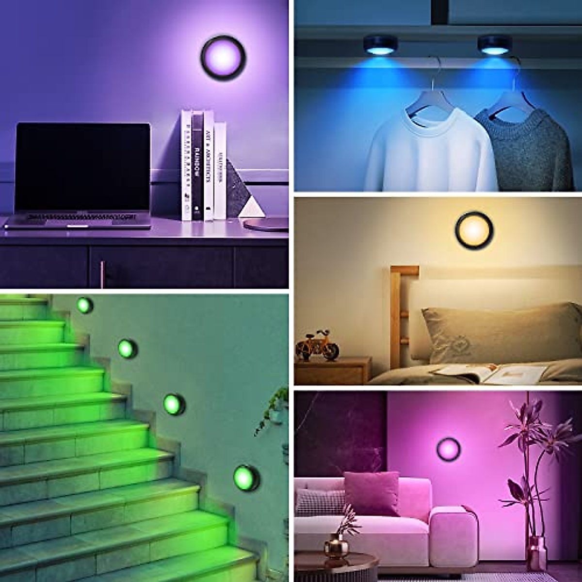 Cadrim Puck Lights, 6 Pack 13 Colors Changeable LED Puck lightings Battery Powered Dimmable Under Cabinet Lights, Battery Powered Under Counter Lights with 2 Wireless Remote Controls, Black