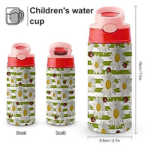 Kids Water Bottle with Straw Lid White Daisies And Ladybugs Print 12 Oz/350 Ml Stainless Steel Reusable Thermos Bottles