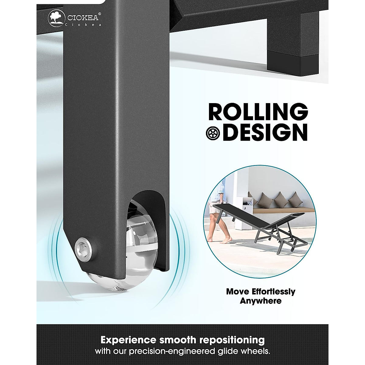 Aluminum Chaise Lounge Chair Outdoor with Wheels, Patio Lounge Chair with Adjustable 5-Position Recliner and Full Flat Tanning Chair for Patio, Beach, Pool, Black