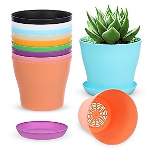 ruishetop 18 Pack 5.5 inch Plastic Flower Pot Indoor/Outdoor Decorative Plant Pots with Drainage Holes and Tray for Home Garden Plants Flowers Succulents Cactus (Colorful)