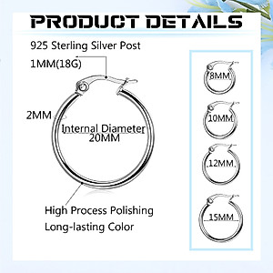 JOERICA 5 Pairs Small Hoop Earrings Set 925 Sterling Silver Post Clasp Hoop Earrings for Women Men 8mm, 10mm, 12mm, 15mm, 20mm