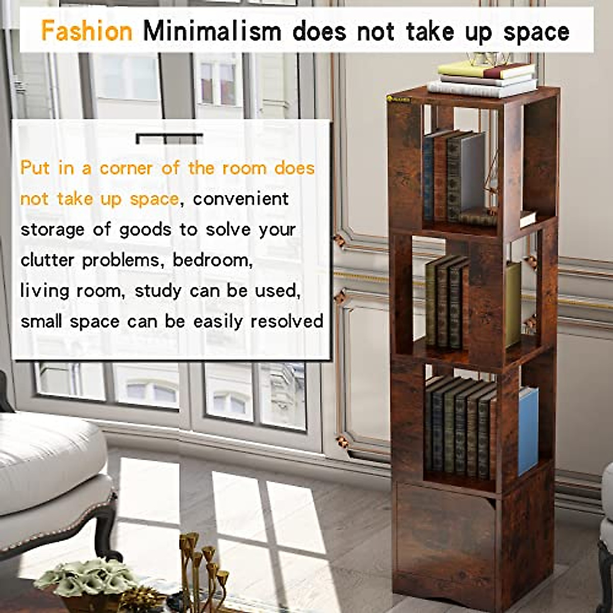 MIN WIN 4-Tier Storage Shelf Unit with Cabinet,Modern Bookcase Storage Cabinet Bookshelf, Tall Retro Wooden Book Shelf Free Standing Floor Cabinet for Small Spaces Home Office Corner Storage,Antique