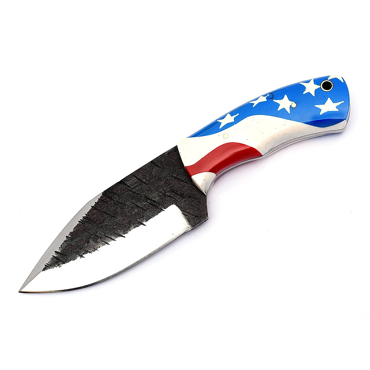 Custom Handmade High Carbon Steel Hunting Skinning Knife Outdoor Camping Hiking Bushcraft Resin American Flag Handle Hand forged Full Tang Knife With Leather Sheath