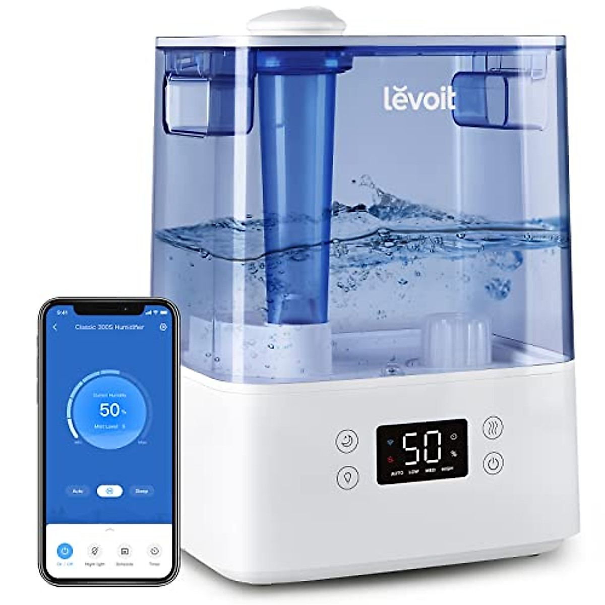 LEVOIT Humidifiers for Bedroom Large Room Home, Blue & Humidifiers for Bedroom Large Room Home, Smart Wifi Alexa Control, 6L Top Fill Warm and Cool Mist, White