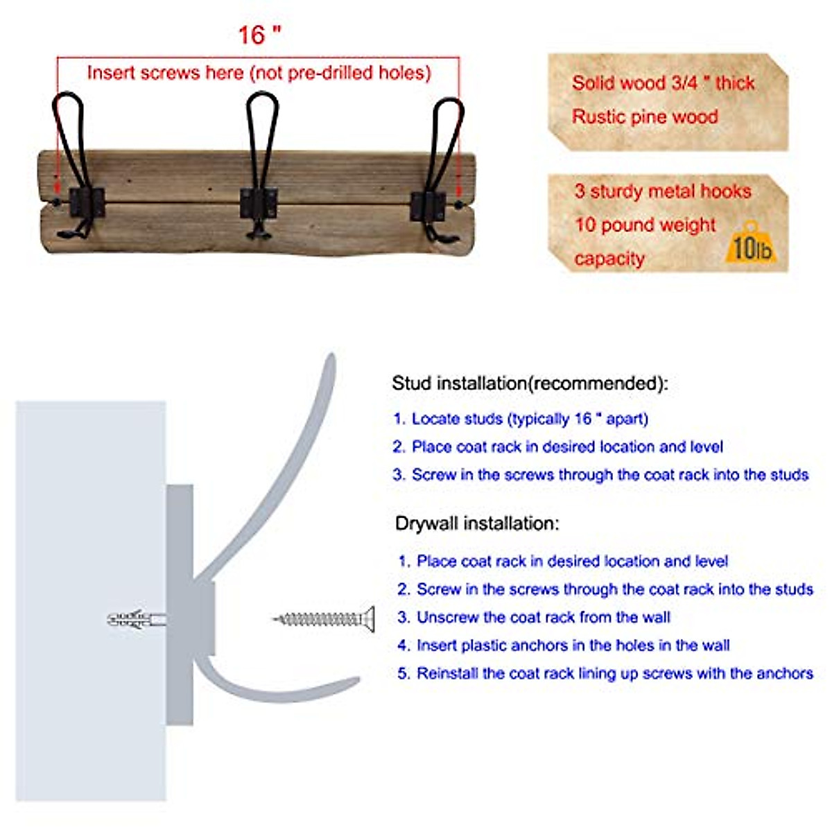 CVHOMEDECO. Rustic Solid Wood Wall Mounted Coat Rack with 3 Double Hooks Primitives Wooden Coat Hooks for Entryway, Kitchen, Bathroom. Brown.