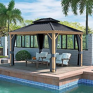 HAPPATIO 10' x 12' Hardtop Gazebo, Outdoor Wood Grain Frame Aluminum Gazebo, Double Roof Permanent Patio Gazebo Canopy with Netting and Curtains for Garden, Patio, Lawns, Parties (Grey)