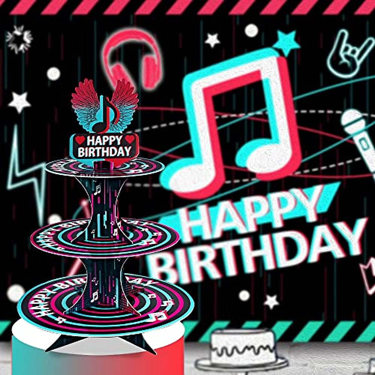GLURUITE Tik Music Cupcake Stand 3-Tier Musical Birthday party decorations, Tok Musical Cupcake Tower for Music Themed Party Supplies Favors