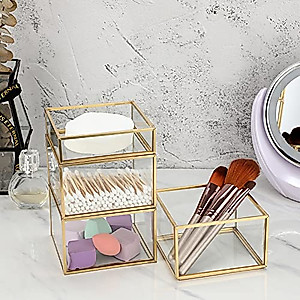Hipiwe 4-Tiered Gold Glass Jewelry Box Stackable Trinket Organizer Decorative Glass Box Q-tip Holder Cotton Ball and Swab Storage Holder for Bathroom Dresser Office Countertop