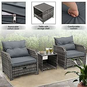 Auzfy Patio Chair with Ottomans and Table, 5 Piece PE Wicker Rattan Outdoor Patio Furniture Set, Space Saving Design Outdoor Chairs with Ottomans Set for Balcony Poolside Front Porch Deck, Grey