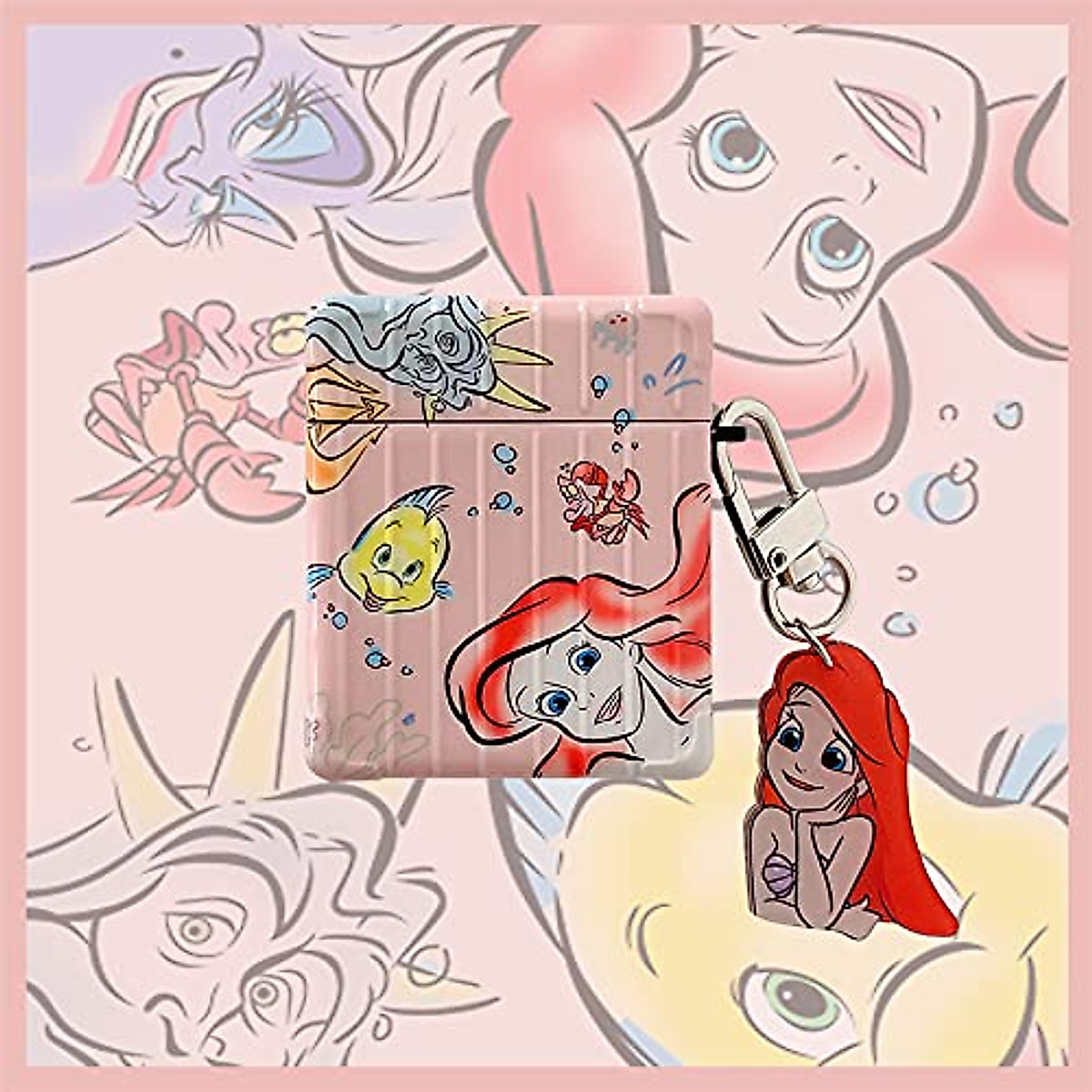 Hard Plastic Case with Keychain Charm for Apple AirPods 1 2 1st 2nd Generation AirPods1 AirPods2 Pink Ariel The Little Mermaid Princess Fish Pink Color Cartoon Anime Cute Lovely Kids Girls
