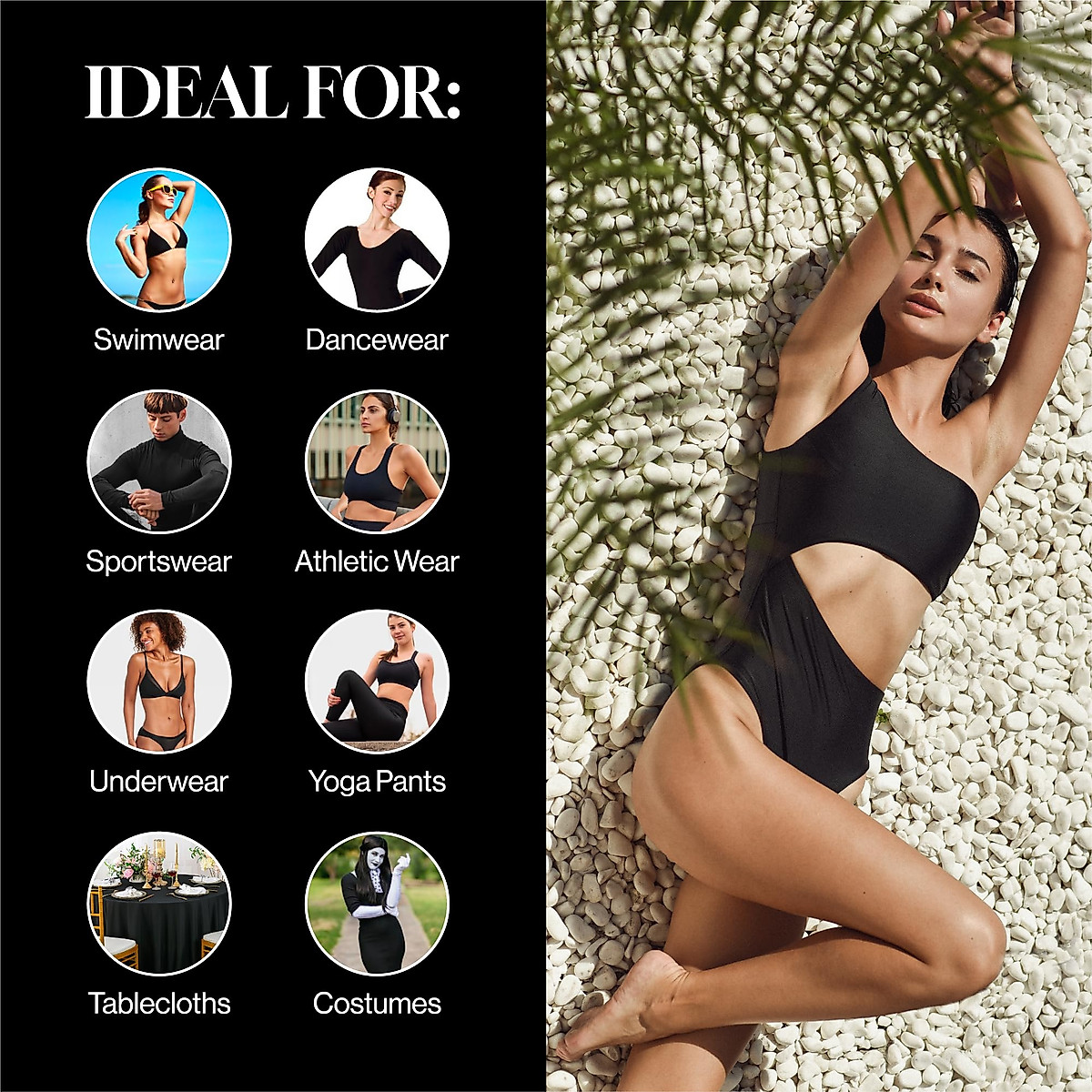 Nylon Spandex Fabric - Matte Tricot Swimsuit Fabric by The Yard - 80% Nylon, 20% Spandex - 4-Way Stretch Fabric - 60" Wide - Swimwear, Sports, Dance, Lining Fabric - 1 Yard Black Nylon Fabric