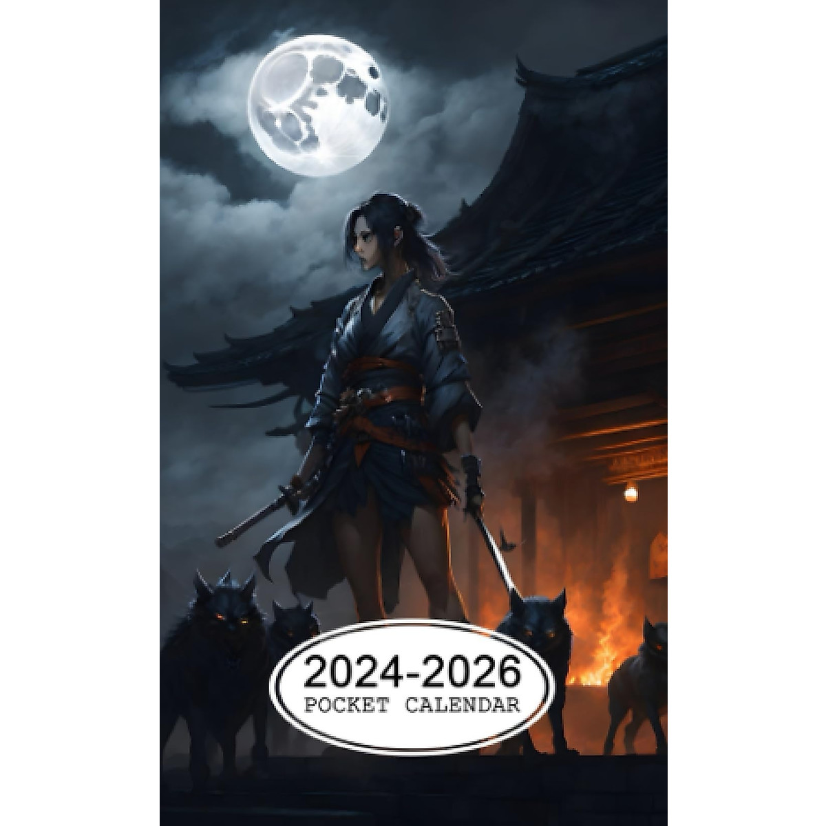 Pocket Calendar 2024-2026: Two-Year Monthly Planner for Purse , 36 Months from January 2024 to December 2026 | Anime samurai woman | Burning building | Werewolves | Full moon
